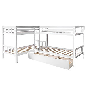L-Shaped Bunk Bed with Drawers, Wood Twin Over Twin Bunk Beds with Drawers for Kids, Teens, Adults (White)