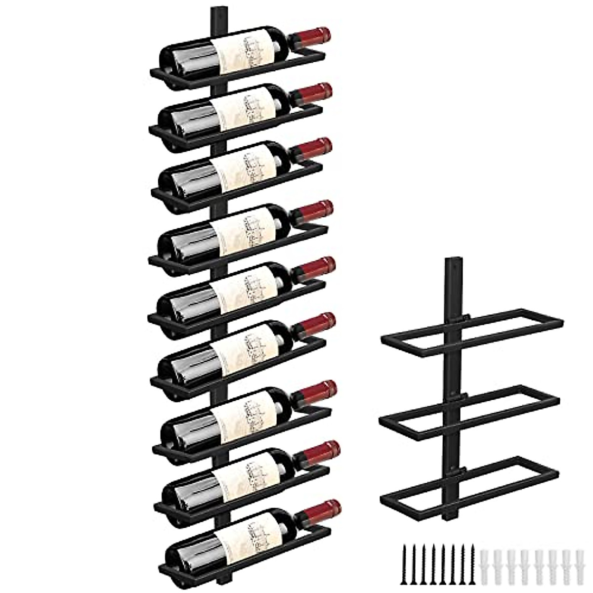 Wall Mounted Wine Bottle Rack Holder Storage Organizer, Industrial Metal Hanging Wine Display Shelf Holds 9 Bottles, Separable Wall Wine Rack for Wine Theme Decor Beverages Liquor Bottle Storage