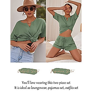 Ekouaer Waffle Knit Pajamas Set Womens Loungewear Short Sleeve Lounge Set 2 Piece PJ Sets S-XXL Grey Green