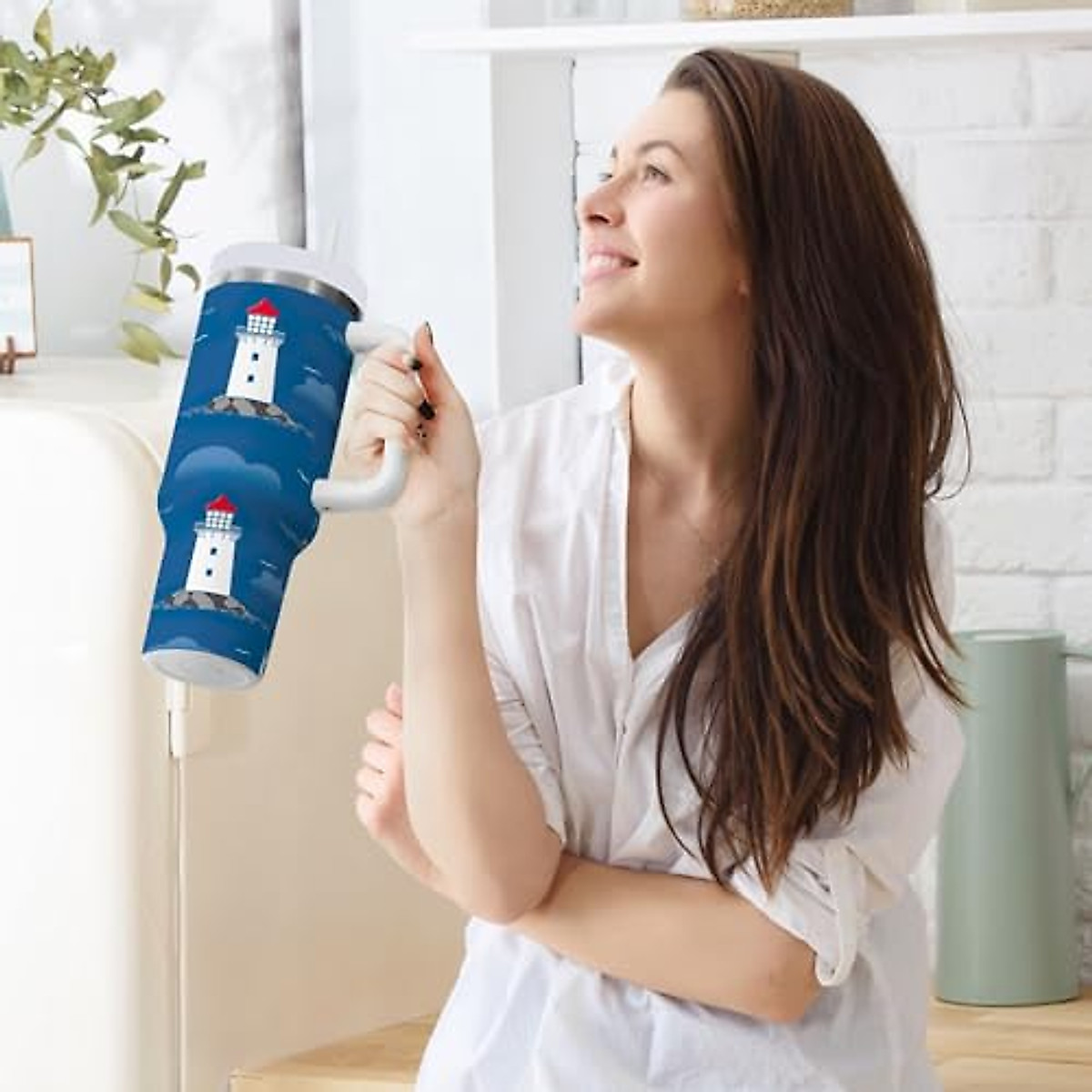 RPLIFE Whimsical Sweet Lighthouse Blue Coffee Tumbler with Handle, Stainless Steel Coffee Tumbler, Cups with Lids