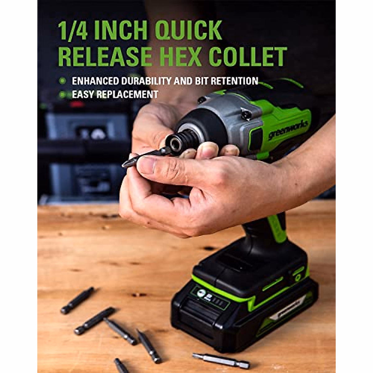 Greenworks 24V Brushless Cordless Impact Driver Kit, 2650 in./lbs Torque 1/4-inch Hex, Variable Speed Impact Drill/Driver Set, Included Power Bank, Bits and Tool Bag