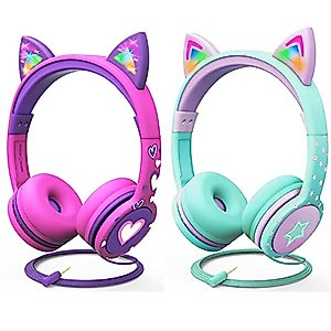 FosPower Kids Headphones with LED Cat Ears, 3.5mm On-Ear Wired Headset with Laced Cables for iPad/Smartphones/PC/Kindle/Tablet/Laptop/School (Max Volume 85dB)