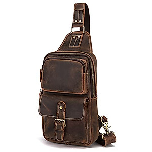 Le'aokuu Outdoor Casual Travel Hiking Tea Crossbody Chest Sling Bag Rig One Shoulder Strap Bag Backpack For Men Male Real Leather 1315 (A Brown)