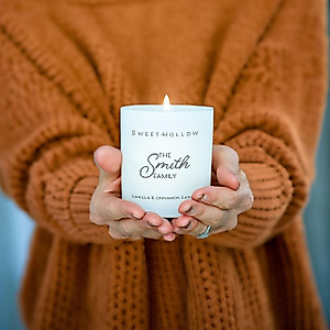 SweetHollow Personalized Candle Gift with Family Last Name, Custom Holiday Present, Highly Scented & Long Lasting Coconut Wax Luxury Candle, Customizable, Large, Vanilla Cinnamon Fragrance