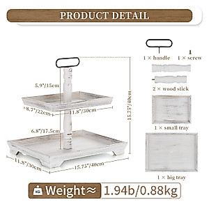 Hanobe Tiered Tray for Table Decor: 2 Tier Serving Stand Farmhouse Decorative Tray for Coffee Bar Centerpiece Rectangle Wood Display Stands Kitchen Counter (White)