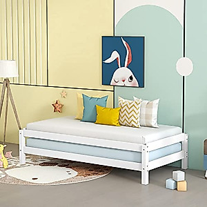 Merax Modern Solid Wood Bed Frame Mattress Foundation, Stackable Day Bed No Box Spring Needed Twin White