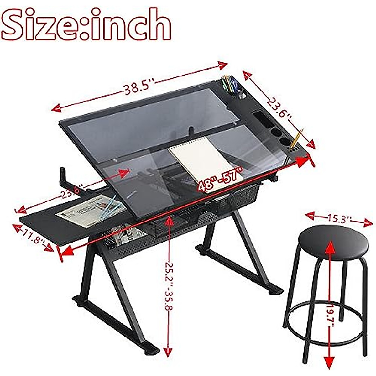 Drafting Printing Table with Chair & Storage Drawer,Tempered Glass Professhional, Adjustable Extended & Storage Cabinet, for Office School, Black