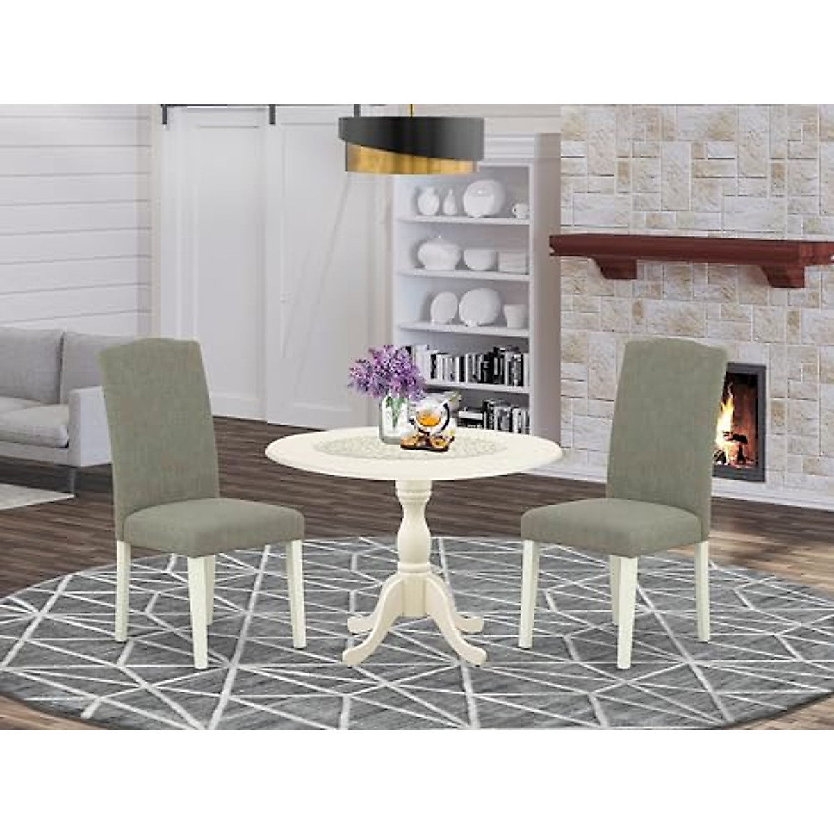 East West Furniture DMEN3-LWH-06 3 Piece Dining Set for Small Spaces Contains a Round Dining Room Table with Dropleaf and 2 Dark Shitake Linen Fabric Parson Chairs, 42x42 Inch, Linen White