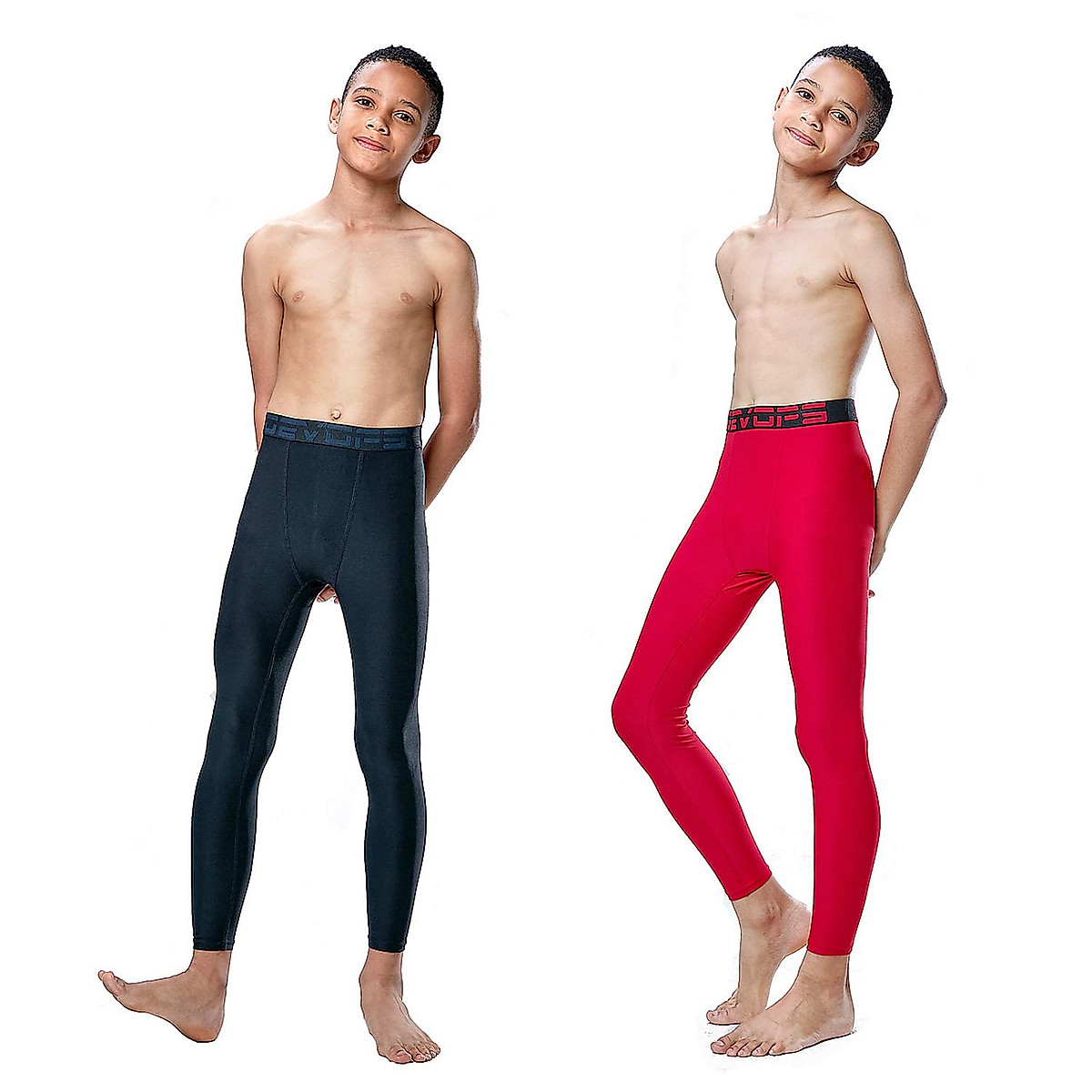 DEVOPS 2 Pack Youth & Boys Thermal Compression Baselayer Sport Tights Fleece Lined Pants (Small, (Non-Fly) Black/Red)