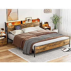 IKIFLY King Size Storage Headboard with Charging Station & LED Lights, Headboard for King Size Bed Frame, Industrial King Headboard Only with Storage for Bedroom, Attach Frame, Rustic Brown