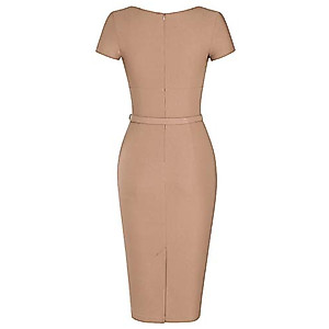 MUXXN Lady Formal Pleated Neckline Slim Sheath Bodycon Prom Vintage Tea Dress (Camel XL)