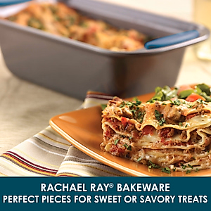 Rachael Ray Yum-o! Bakeware Oven Lovin' Nonstick Loaf Pan, 9-Inch by 5-Inch Steel Pan, Gray with Marine Blue Handles