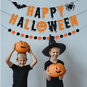 CAVLA Glitter Happy Halloween Banner and Circle Dots Garland Black Orange Glittery Halloween Garland Banner with Bat and Spider Signs Halloween Haunted Houses Wall Fireplace Party Decorations Supplies