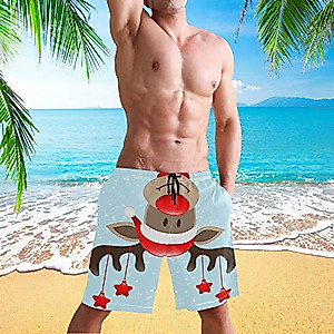 visesunny Christmas Men's Beach Short Funny Reindeer with Hanging Stars Snow Blue Swim Trunks Sports Running Bathing Suits