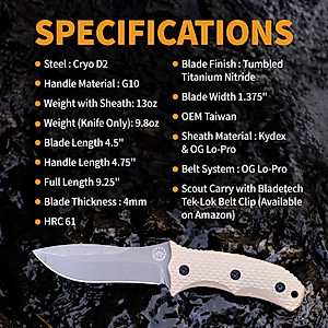 Off-Grid Knives - Backcountry Coyote V2 Fixed Blade - Cryo D2 Steel Knife with Graywash Finish, Full Tang, Coyote Tan G10 Scales, Kydex Sheath, Bushcraft, Hunting, Survival, Camping, Tactical Use