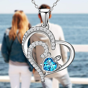Distance Double Love Heart Necklace for Women 925 Sterling Silver Ocean Spray Sea Turtle Pendant Necklace Birthday Gifts for Daughter Wife