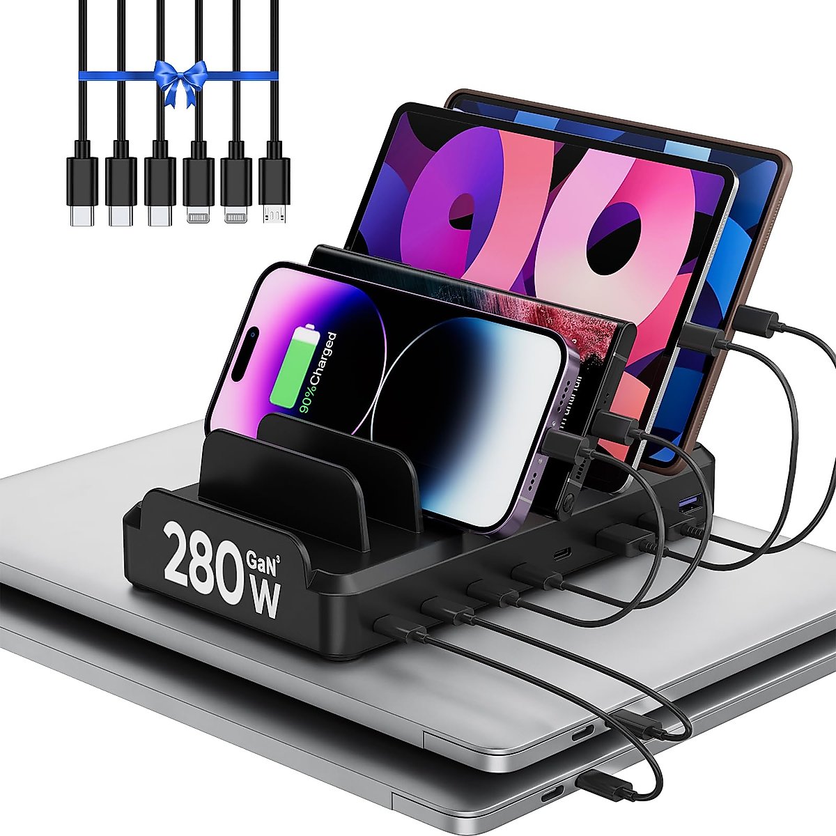 280W USB C Charging Station for Multiple Devices, 8 Port Multi Device Fast Charging Station for MacBook iPhone 15 Phone iPad Tablets Black (6 Mixed Short Cables Included)