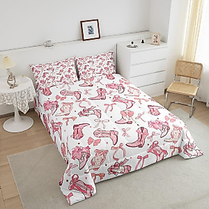Manfei Cowgirl Comforter Set,Western Cowboy Boots Pink Bowknots Bedding Set for Kids Teens Bedroom,Dreamy Fairy Tale Princess Starry Quilt Set,Pink White Duvet Insert 2 Pcs with 1 Pillowcase,Twin