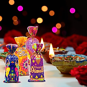 Konsait Happy Diwali Gift Bags, 100 Pack Cellophane Treat Bags with Ties Cookie Bags for Packaging Diwali Gift Bag 4 Designed Candy Bags for Indian Diwali Festival Party Favors