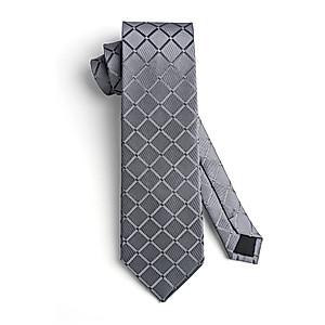 HISDERN Mens Ties for Men Grey Plaid Tie Handkerchief Classic Men's Tie with Pocket Square Set Formal Necktie Silver Gray Wedding Business Ties Set