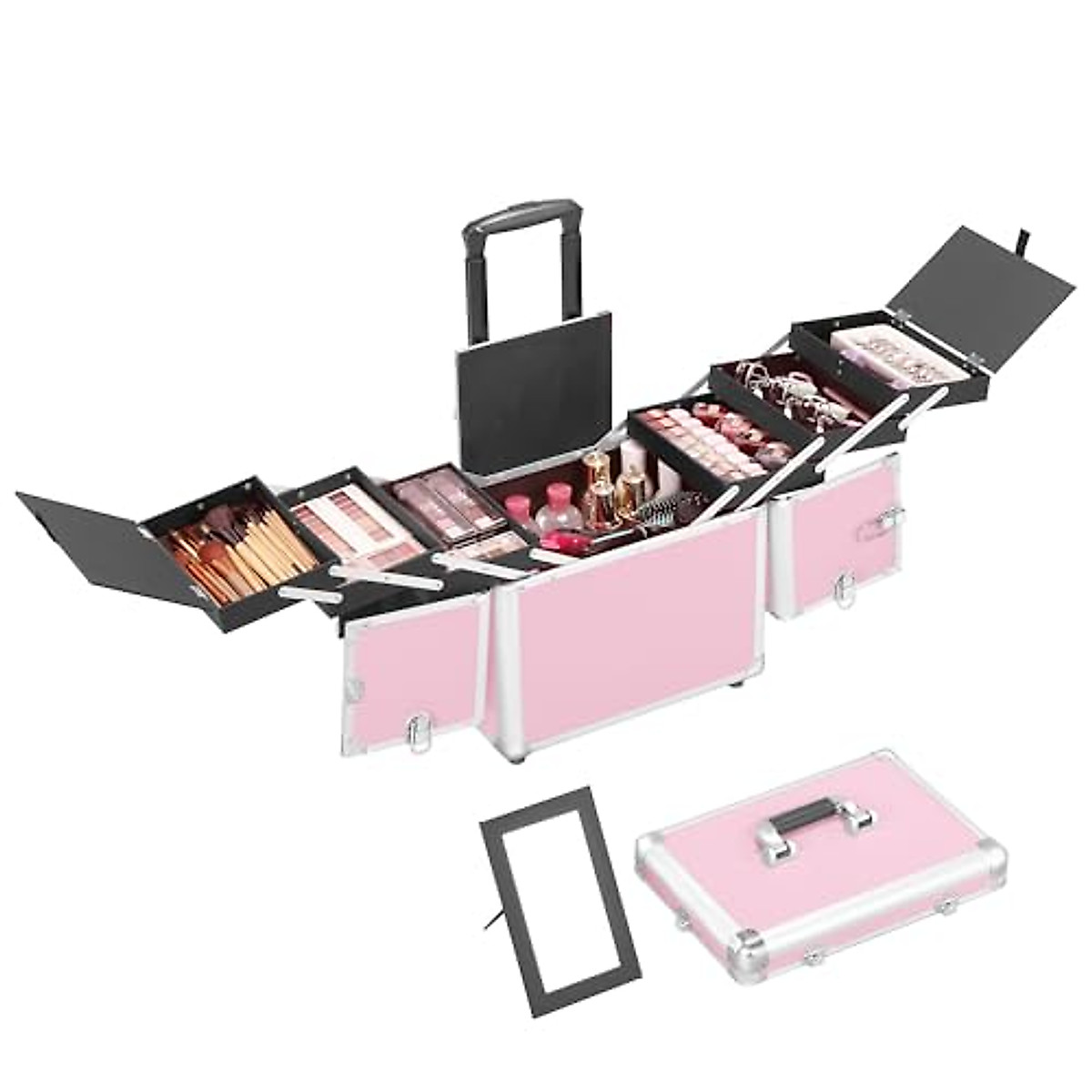 Yaheetech Professional Makeup Train Case Travel Makeup Trolley Rolling Cosmetic Case Beauty Train Case Beauty Organizer, Pink