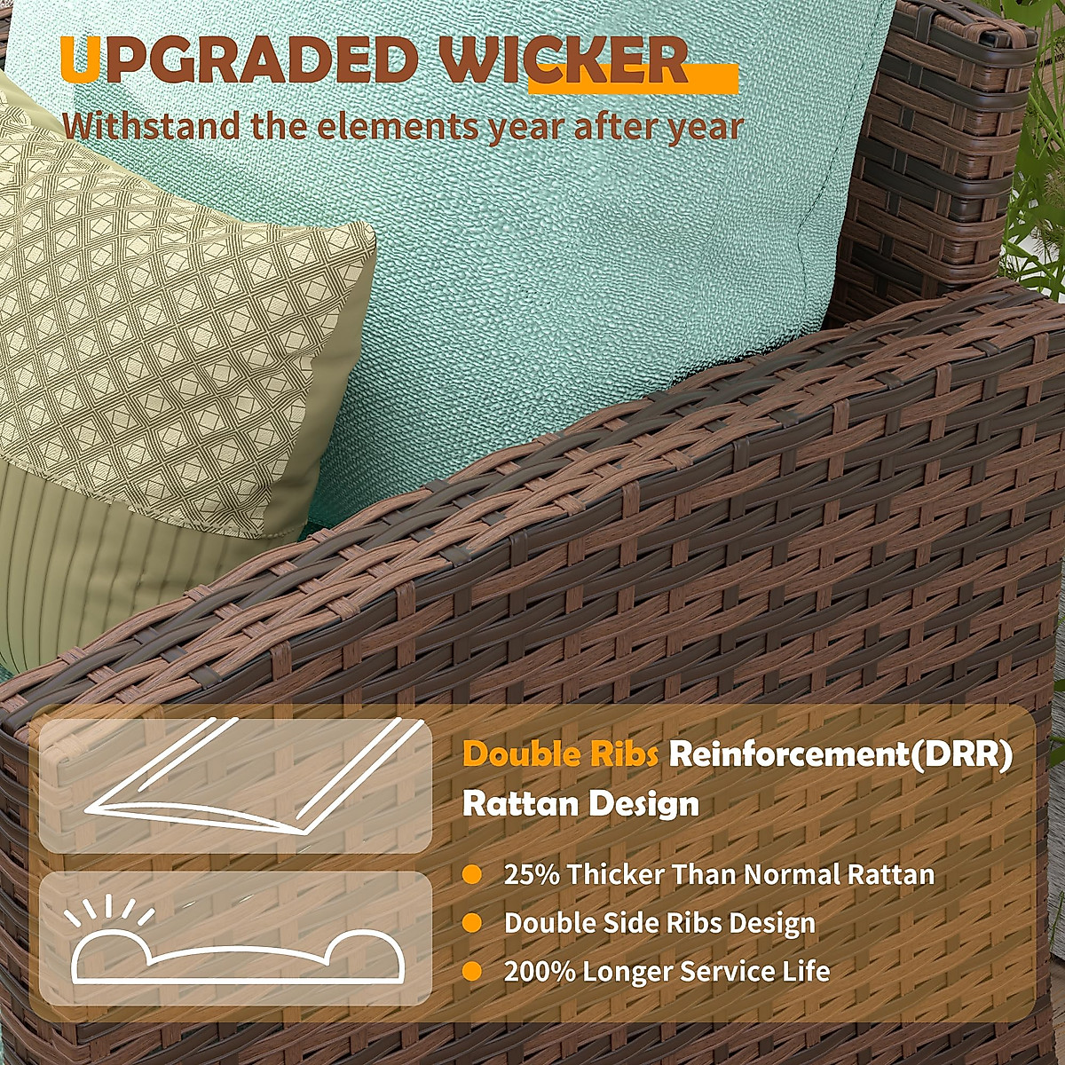 UDPATIO Patio Furniture Set, 5 Pieces Outdoor Sectional Sofa Set, All-Weather Wicker Rattan High Back Patio Conversation Set with Ottoman for Poolside, Backyard, 4" Thick Cushions, Light Blue