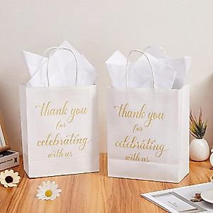 DjinnGlory 50 Pack Medium Sized White Paper Gift Bags with Tissue Paper 10x8x4 Inch, Thank You for Celebrating with Us Bags with Handles for Wedding Welcome Bridal Shower Party Favors Goodies