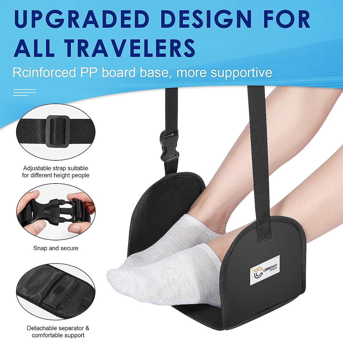 CERBONNY Airplane Foot Rest - Portable and Adjustable Foot Hammock,Airplane Travel Flight Essential for Relaxing Your Feet During Airplane Journeys - Office Footrests (Black)