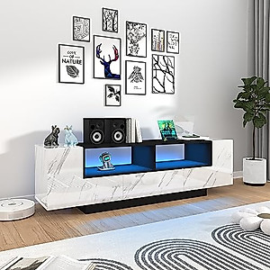 Uspeedy 70in White TV Stand for 75/80 inch TV,Modern LED TV Stand,High Gloss Entertainment Center with Large Storage Drawer,APP RGB Light,TV Console,Television Stands for Living Room(Marbling)