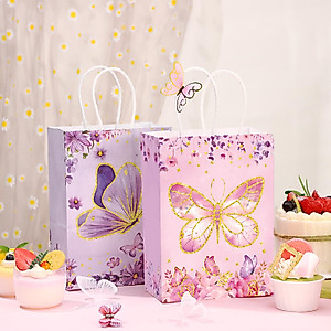 Outus 24 Pcs Butterfly Party Favors Bags Purple Blue Butterfly Gift Goodie Bags Butterfly Paper Bags Pink Butterfly Thank You Candy Treat Bags with Handles for Butterfly Birthday Party Decor Supplies