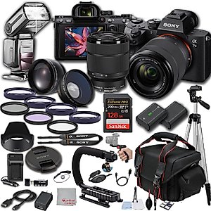 Sony a7 III Mirrorless Digital Camera 24MP w/ 28-70mM Lens, 128GB Extreem Memory, TTL Pro Flash, Filters, Lenses, Case Tripod, Grip, and More – Pro Photo Bundle (40pc Bundle)