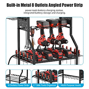 CCCEI Garage Small Power Tools Organizer Floor Stand, Drill and Battery Storage Rack with Charging Station, All Metal Tool Shelf with Pegboard and Hooks, Gift for Men.