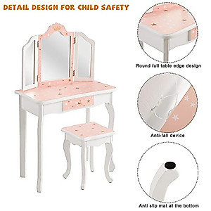 Nromant Kids Vanity Table and Chair Set, Girls Vanity Set with Mirror and Stool, Tri-Folding Mirror, Makeup Dressing Princess Table with Drawer, Kids Vanity Set with Mirror Age 4-9