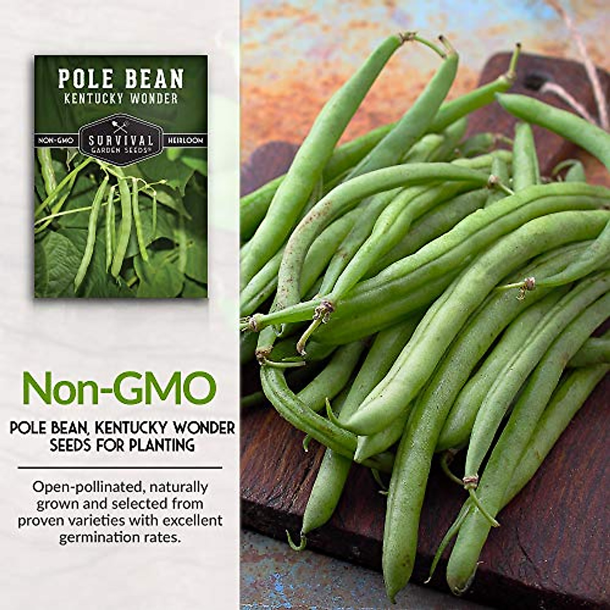 Survival Garden Seeds - Kentucky Wonder Pole Bean Seed for Planting - Packet with Instructions to Plant and Grow Delicious Snap Beans in Your Home Vegetable Garden - Non-GMO Heirloom Variety