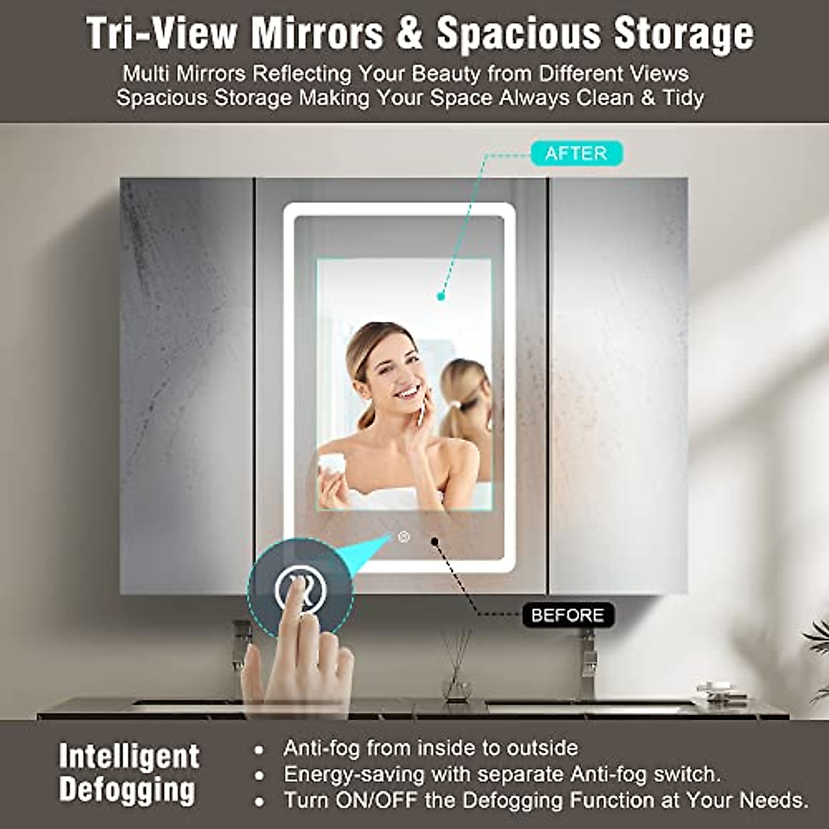 GETPRO Medicine Cabinets 40 x30 inch LED Lighted Medicine Cabinet Mirror for Bathroom Black Aluminum Surface Mount Anti-fogger Function 3 Color Temperature Adjustable Brightness