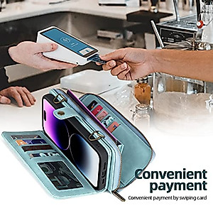 QIXIU for iPhone 16 Pro Wallet Case[13 Card Slots]:Multi-Function,Detachable 3 in 1,Flip Strap Zipper Card Holder Phone Case with Shoulder Straps(Blue)