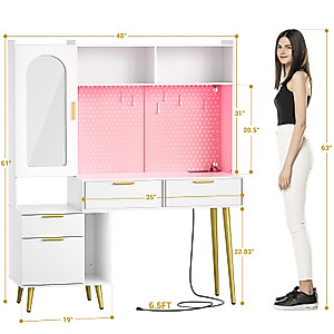 armocity 48'' Makeup Vanity with Hutch, White Bedroom Vanity with Charging Station and LED, Tall Vanity Table with Pegboard, Mirror, 5 Big Drawers & Shelves, Cabinet, Bedroom Dressing Tables, White