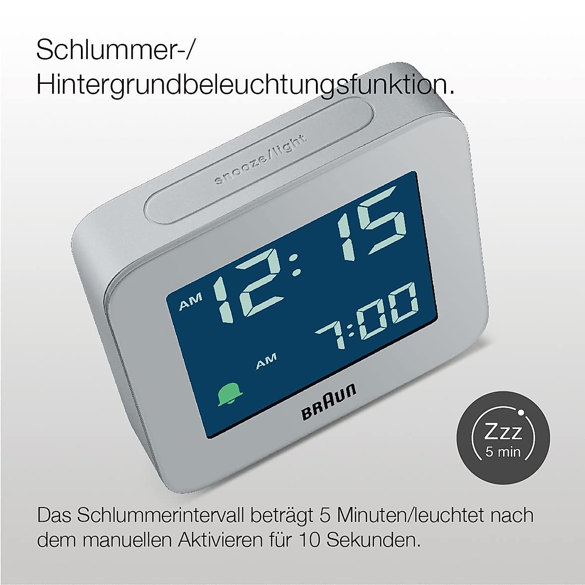 Braun Digital Alarm Clock with Snooze, Negative LCD Display, Quick Set, Crescendo Beep Alarm in Grey, Model BC09G.