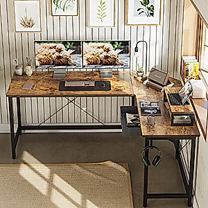 BANTI 67 inch L Shaped Desk Computer Corner Desk, Home Office Gaming Table, Sturdy Writing Workstation with Small Table, Brown