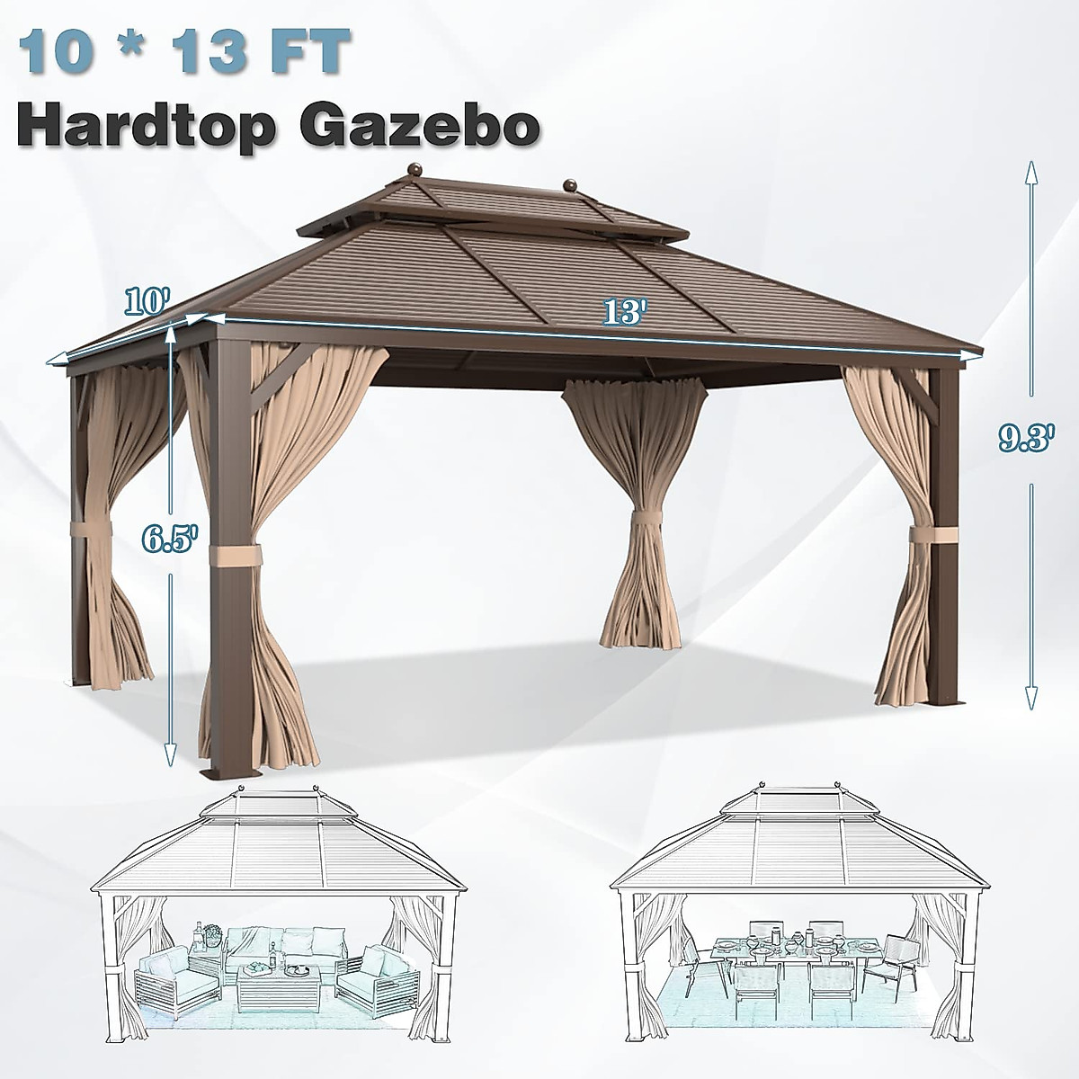 MELLCOM 10' x 13' Hardtop Gazebo, Galvanized Steel Metal Double Roof Aluminum Gazebo with Curtains and Netting, Brown Permanent Pavilion Gazebo with Aluminum Frame for Patio, Lawn & Garden