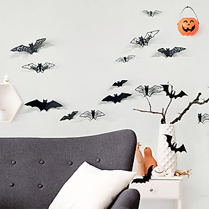 24Pcs Large Halloween Bats Decorations Hollow Out Bats Wall Decor, 3D Self-Adhesive PVC Scary Bat Stickers Halloween Party Indoor Supplies Waterproof Black Bats Wall Decals for Door Room Decor