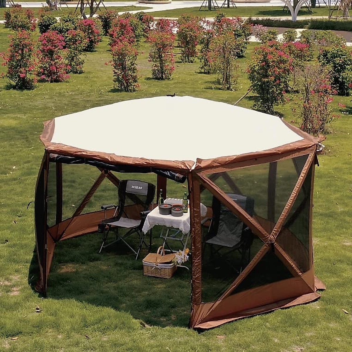 XGEAR 6 Sided Pop Up Camping Gazebo 11.5’x11.5’ Instant Canopy Tent Sun Shelter Screen House with Mosquito Netting, for Patio, Backyard, Outdoor,Brown