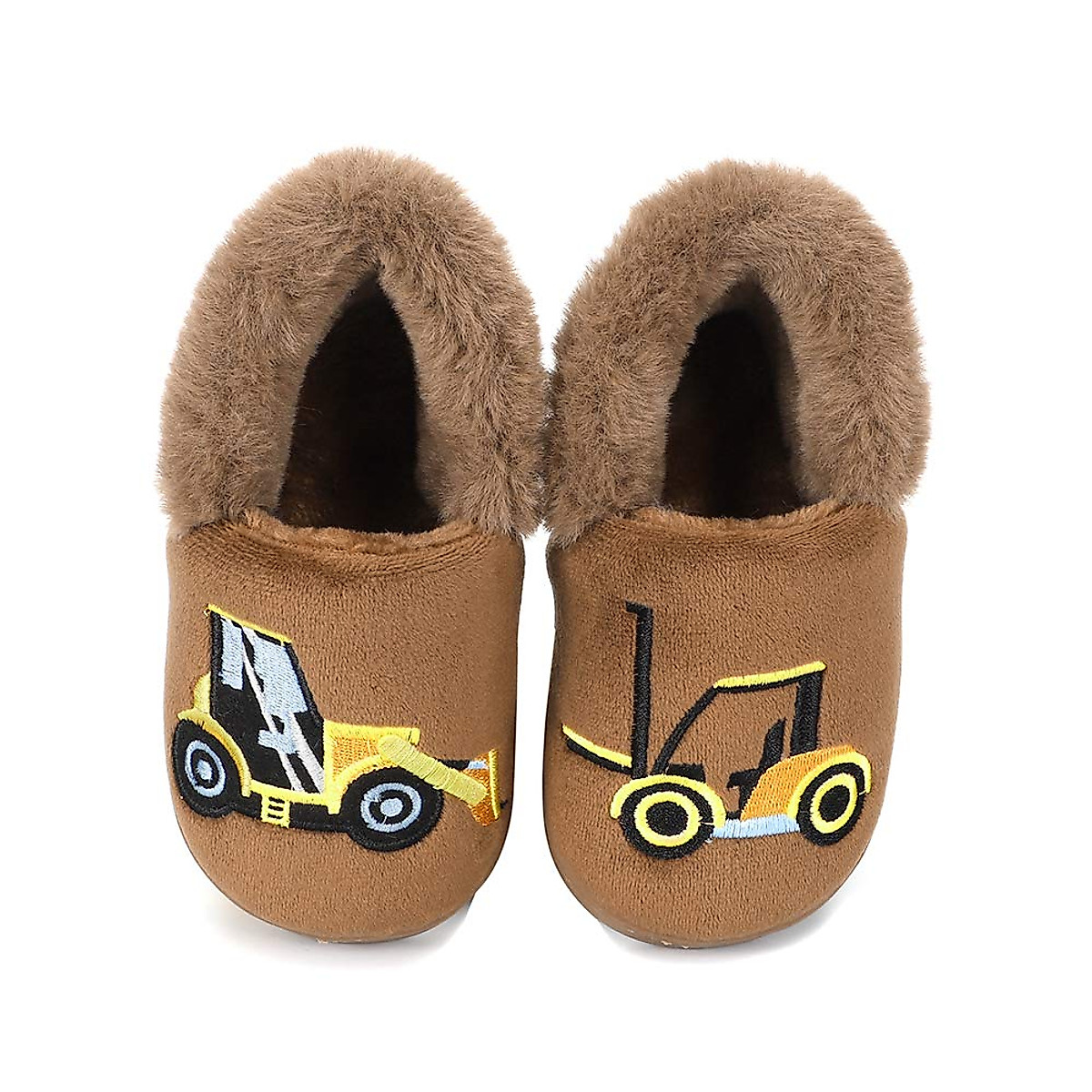 ESTAMICO Boys Girls Warm Slippers Cartoon Truck Kids Winter Indoor Household Shoes, Khaki 9-10 Toddler