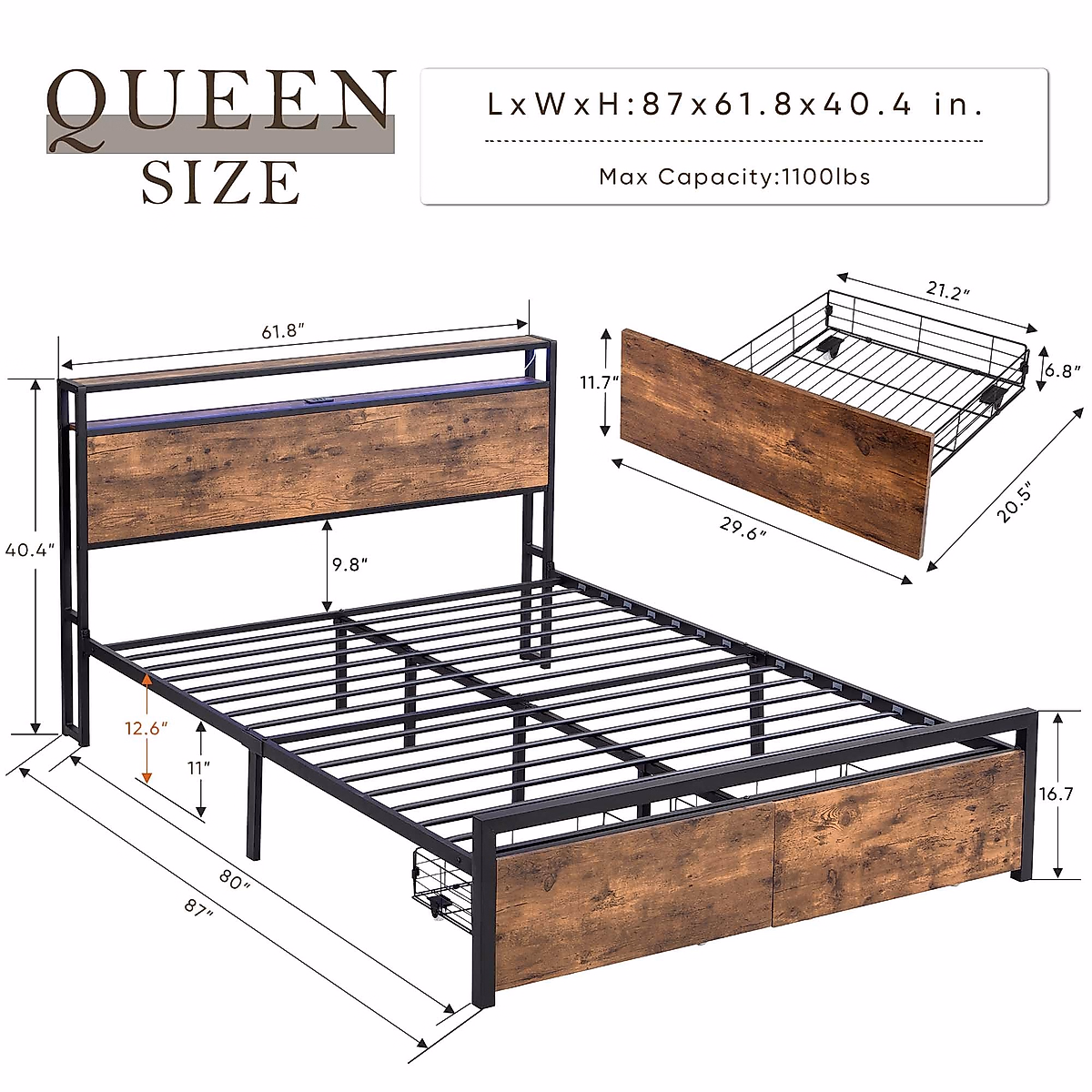 Mdhitsox Queen Bed Frame with 2 Drawers and Charging Station, Industrial Platform Bed with LED Lights, Metal Slats Support, Mattress Foundation, No Noise, No Box Spring Needed, Easy Assembly, Brown