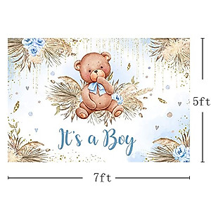 MEHOFOND Boho Bear Baby Shower Backdrop for Boy Baby Shower Party Decorations Bohemian Pampas Gass It's a Boy Baby Shower Photography Background Gold Glitter Dots Decor 7x5ft