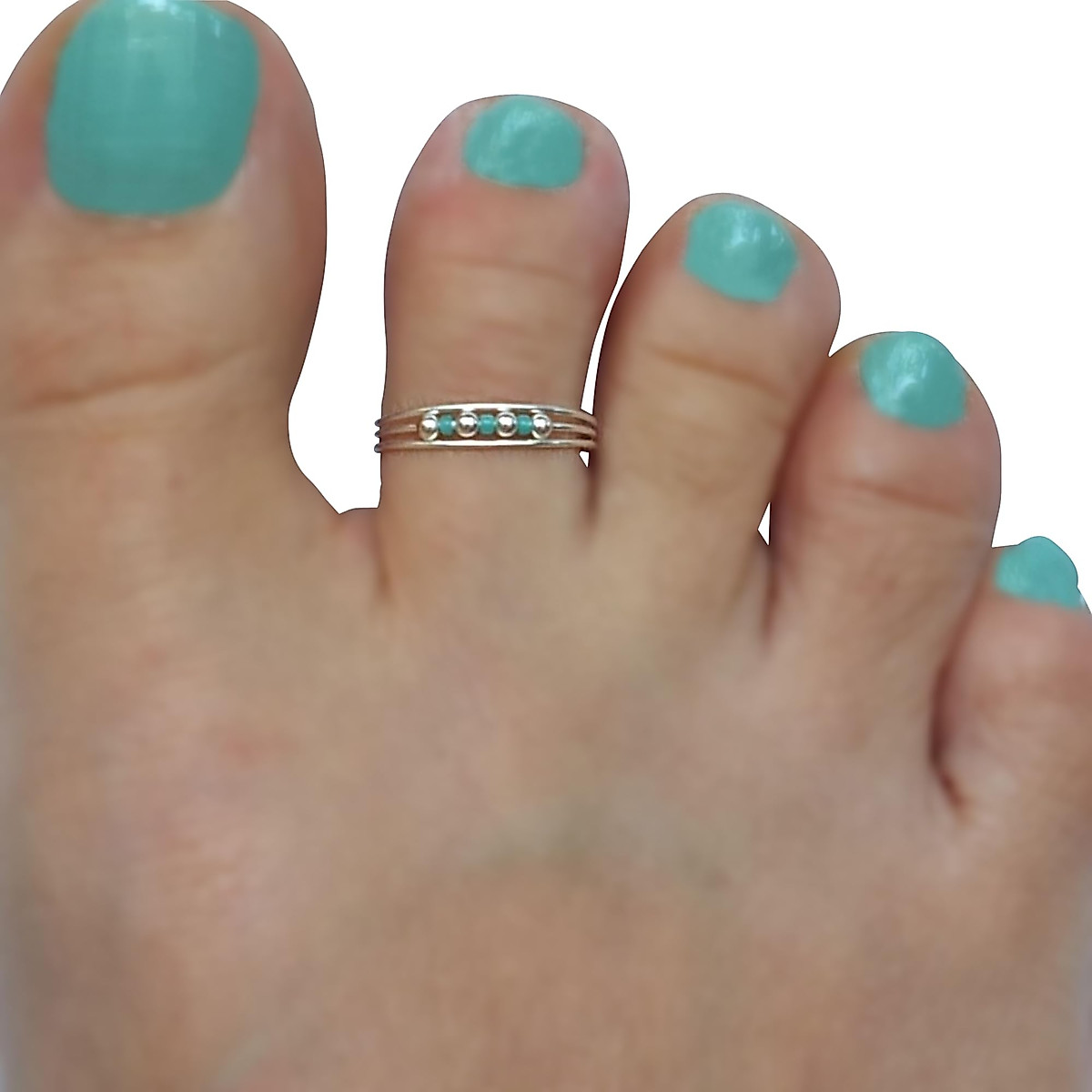 Handmade Silver & Turquoise Color Beaded Triple Band Adjustable Toe Ring, 925 Sterling Silver, Thin Small Dainty Open Toe, Pinky or Knuckle Rings for Women, By MiYa Jewelry Creations