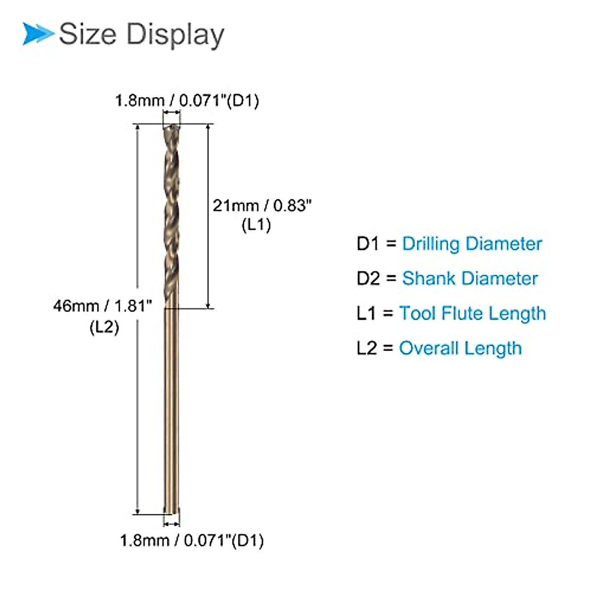 CoCud Twist Drill Bits, 1.8mm Drilling Diameter, Titanium Coated High Speed Steel 6542 Straight Round Shank - (Applications: for Stainless Steel Alloy Metal), 6-Pieces