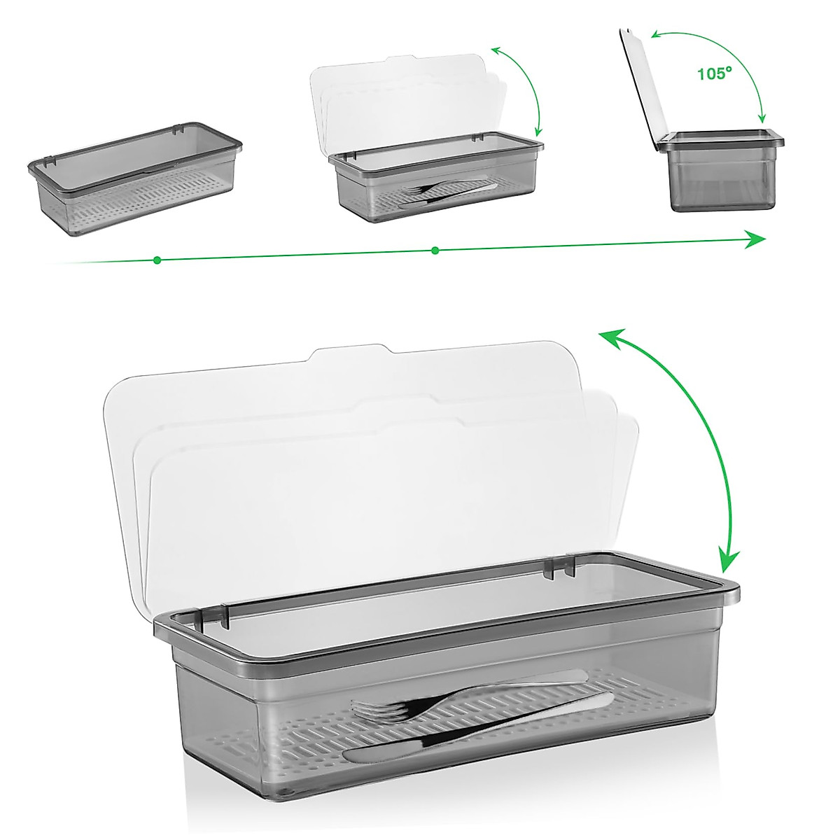 TOPBATHY Flatware Plastic Tray with Lid Kitchen Cutlery and Utensil Drawer Organizer Silverware Countertop Storage Container (Black)