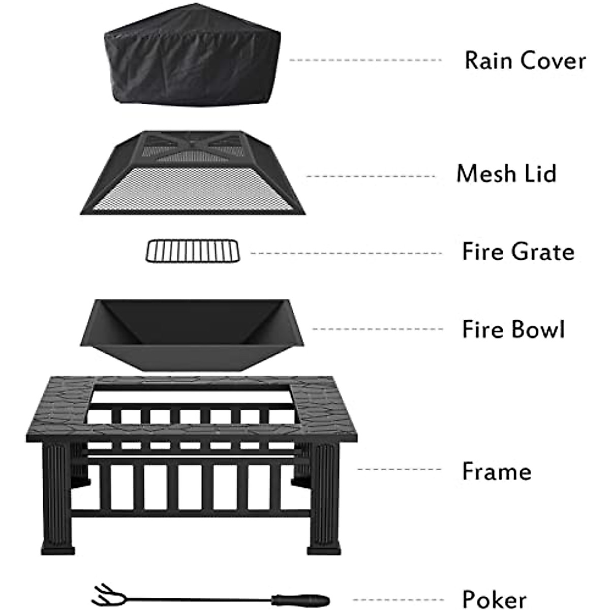 WINWEND Fire Pit Outdoor Wood Burning, 32in Firepit with Spark Screen, Waterproof Cover, Poker, Square Firepit for Patio Backyard Garden