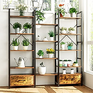 oneinmil Triple Wide 5-Tier Bookshelf with 2 Drawers, Rustic Etagere Book Shelves Display Shelf for Home Office, Industrial Style Wood and Metal Bookshelf in Living Room, Study, Bedroom (Brown)